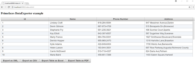 PrimeFaces - DataExporter Example